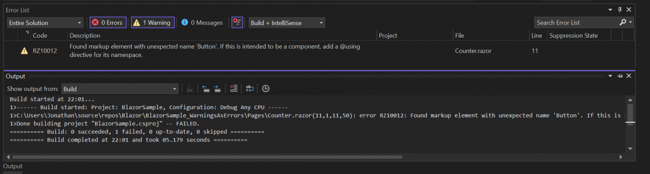 Treat Blazor component Warnings as Errors: Found markup element with unexpected name - Jonathan ...