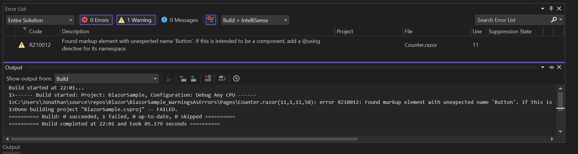 Treat Blazor component Warnings as Errors: Found markup element with unexpected name - Jonathan ...